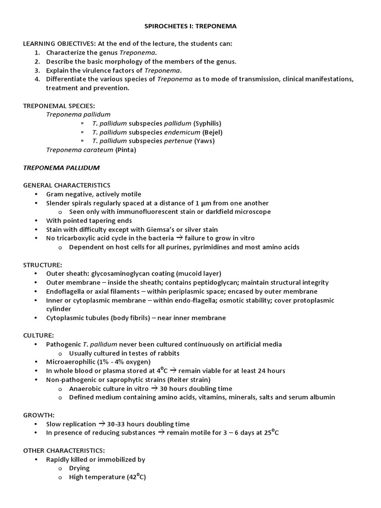 Characteristics of Treponema Species | PDF