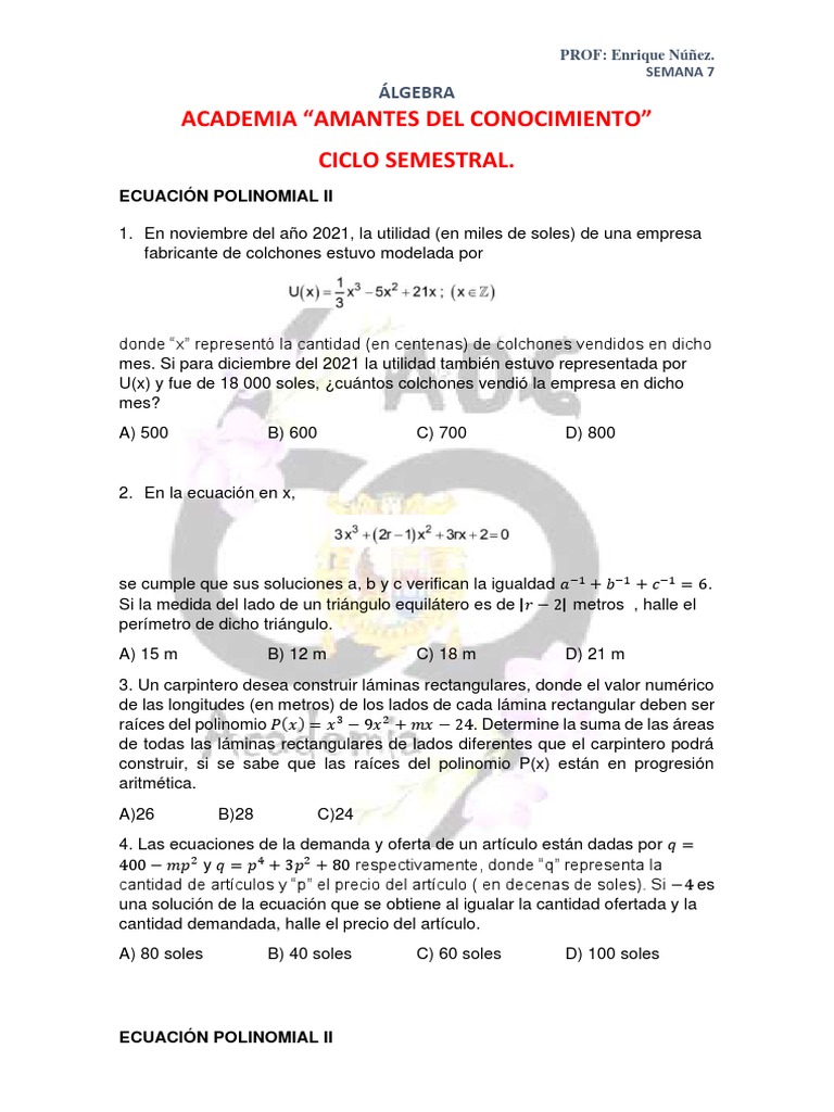Álgebra - Sem. 7 ADC - Ciclo Semestr. - Ejerc - de Clase y Tarea | Descargar gratis PDF ...