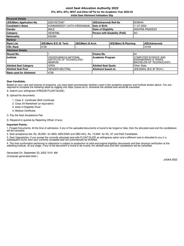 Josaa Intimation Slip | PDF