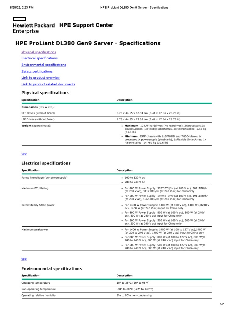 HPE ProLiant DL380 Gen9 Server - Specifications | PDF | Computing