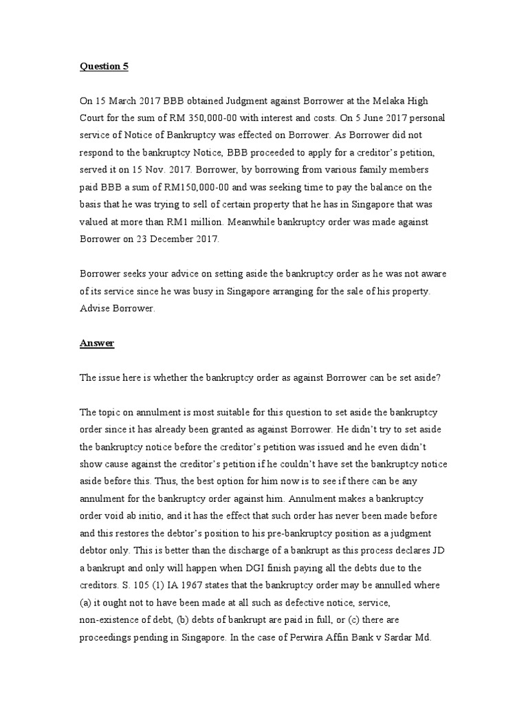 Tutorial 4, Q5 (T1V, L1) | PDF | Bankruptcy | Debtor