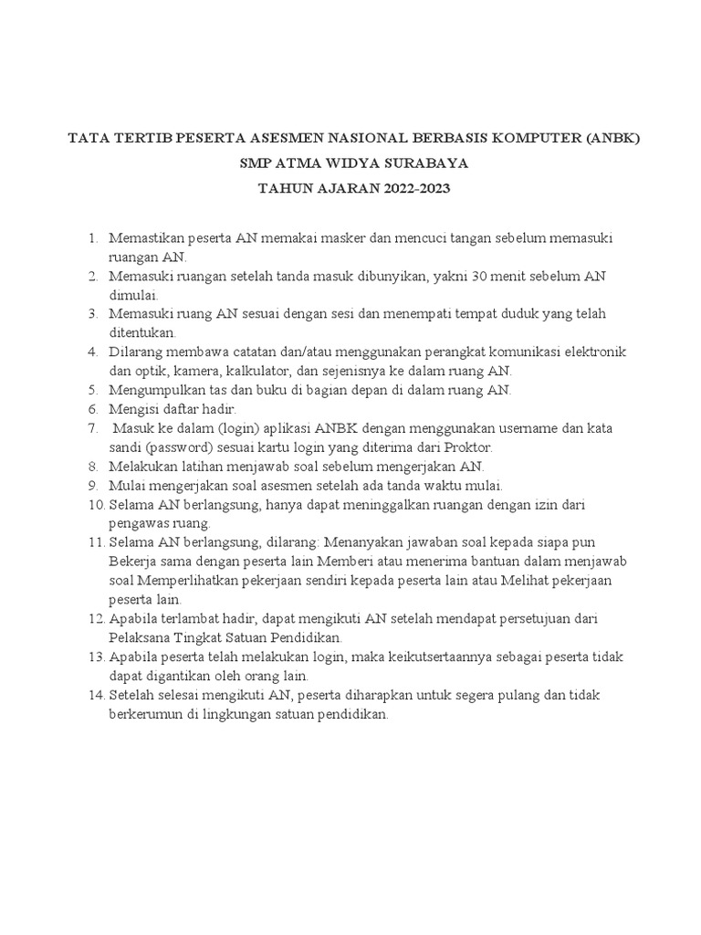 Tata Tertib Peserta ANBK 2022 | PDF