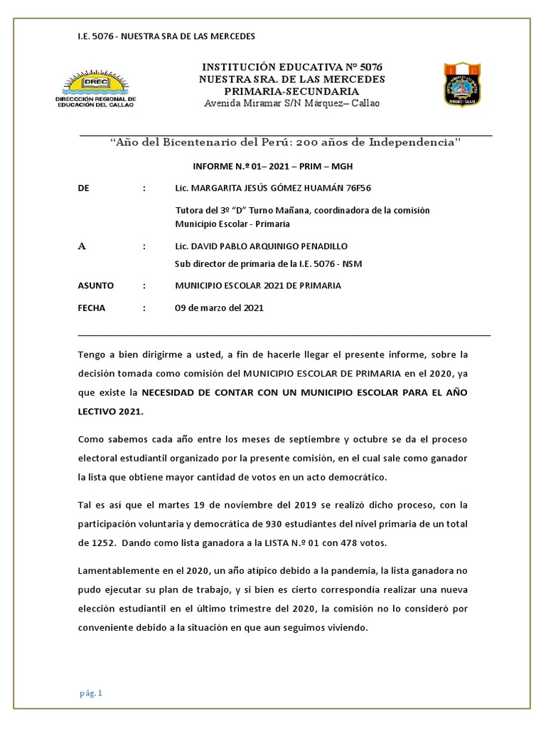 Informe 01 - Municipio Escolar 2021 | PDF | Maestros