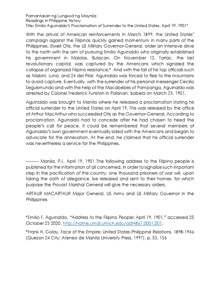 Emilio Aguinaldo's Proclamation of Surrender To The United States J ...