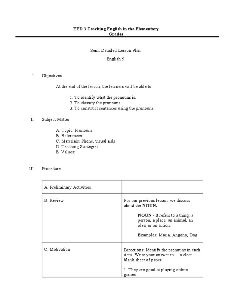 Pronouns Lesson Plan for Grade 5 | PDF | Pronoun | Noun