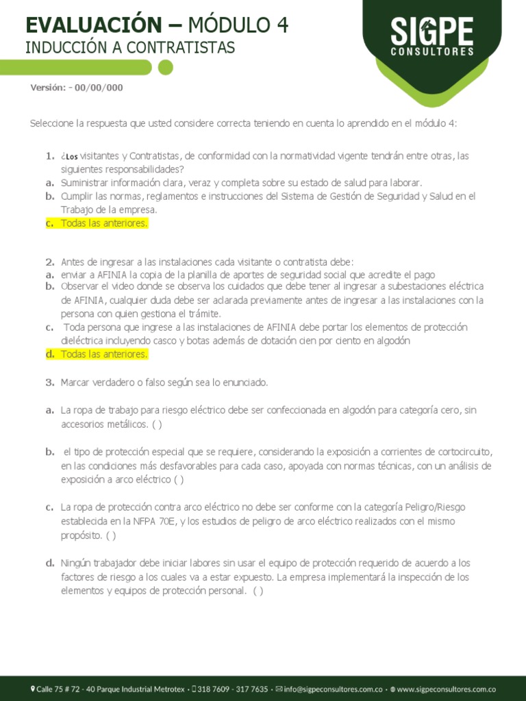 Evaluacion Modulo 4, Inducción A Contratistas | PDF