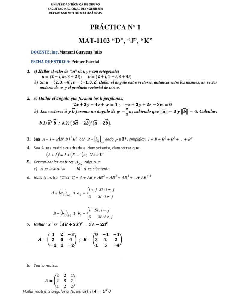 Mat-1103 Practica 1 | PDF | Matriz (Matemáticas) | Espacio vectorial