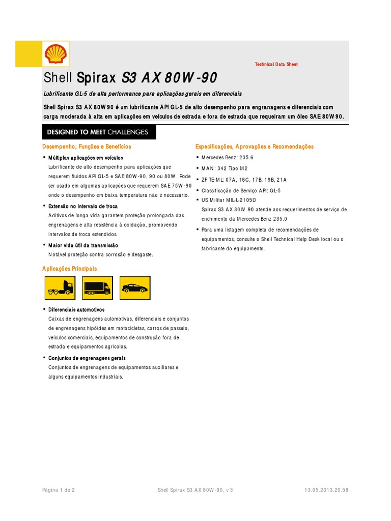 Ficha Técnica Shell Spirax S3 AX 80W-90 | PDF | Óleo de motor