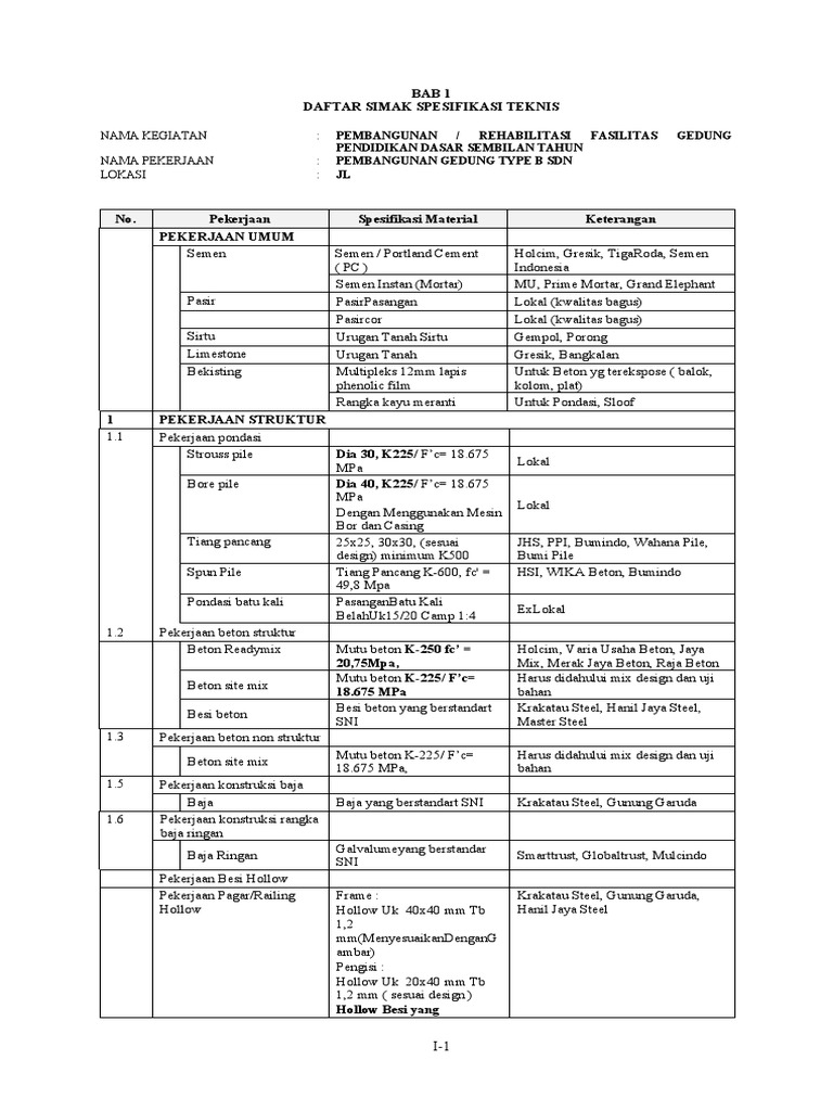 Contoh Spek Teknis Bahan | PDF