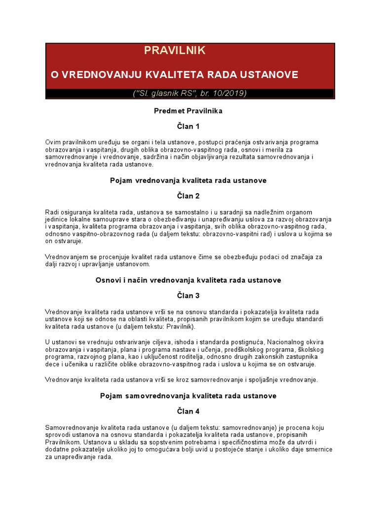 Pravilnik o Vrednovanju Kvaliteta Rada Ustanove | PDF