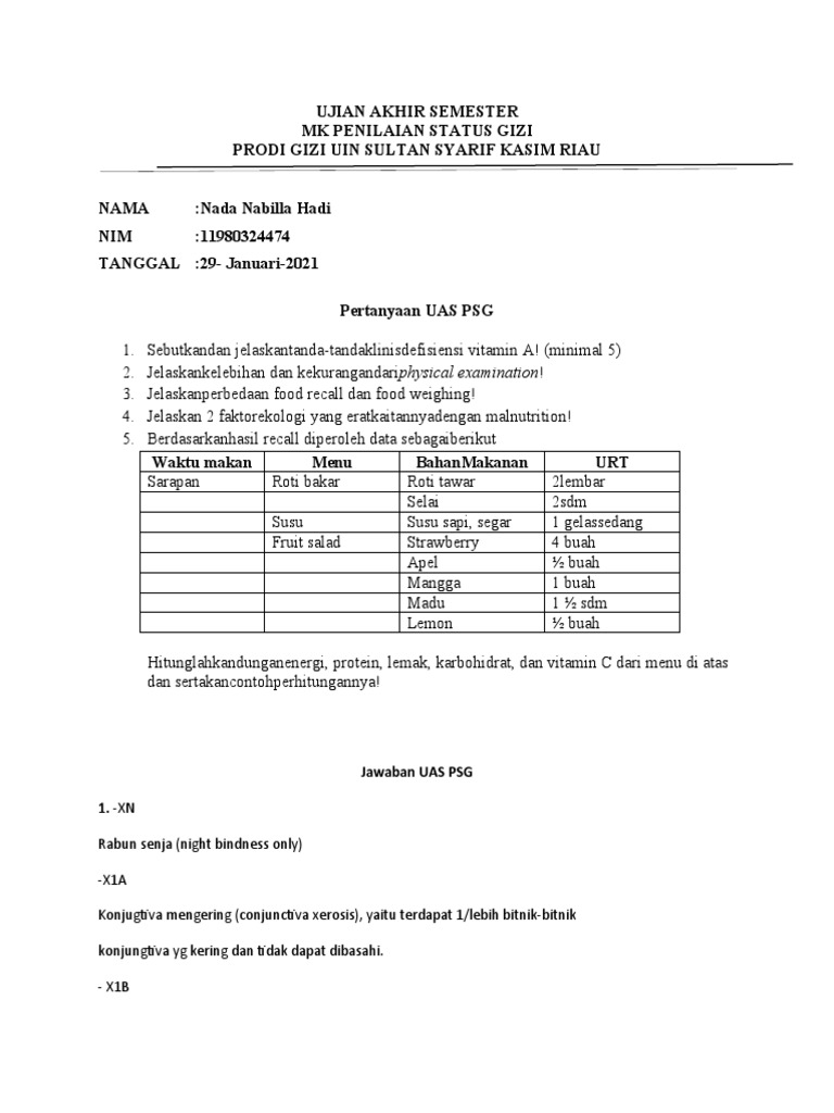 Nada Nabilla Hadi - Gizi 3c-Uas PSG | PDF