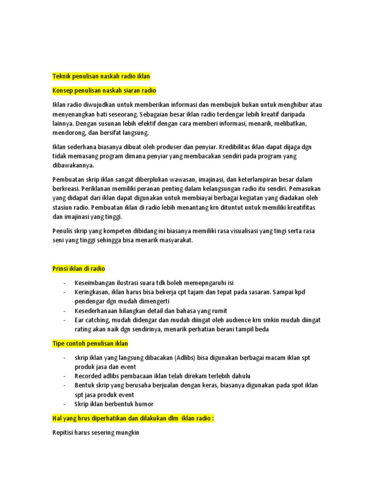 Rangkuman Teknik Penulisan Naskah Radio Iklan | PDF