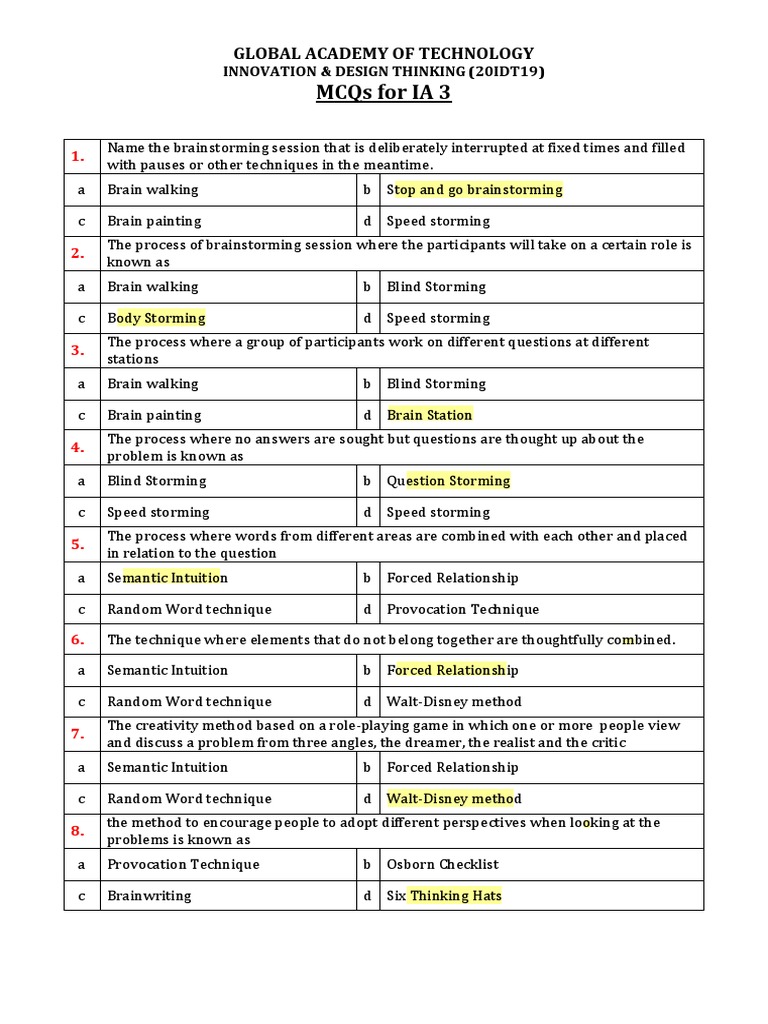 Question Bank of MCQs - IDT For IA3 | PDF | Design Thinking | Brainstorming