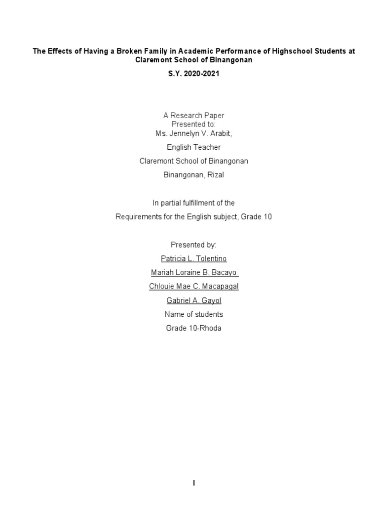 The Effects of Having A Broken Family in Academic Performance of Highschool Students of ...