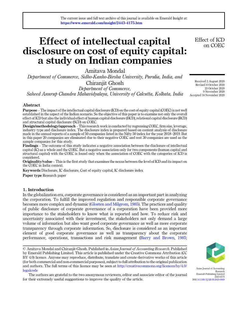 Effect of Intellectual Capital of Cost Equity India | PDF ...