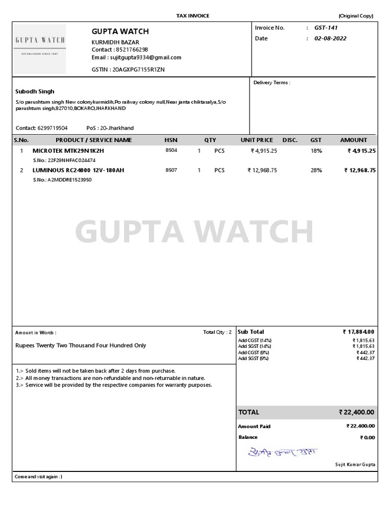 GST Invoice for Battery and Inverter Sale | PDF | Government | Taxes