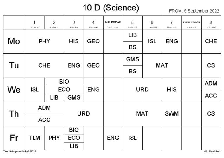 Olevel Timetable 10 D (Science) | PDF