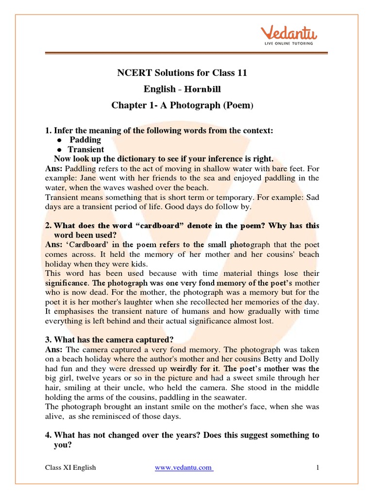 A Photograph: Class 11 Poem Analysis | PDF