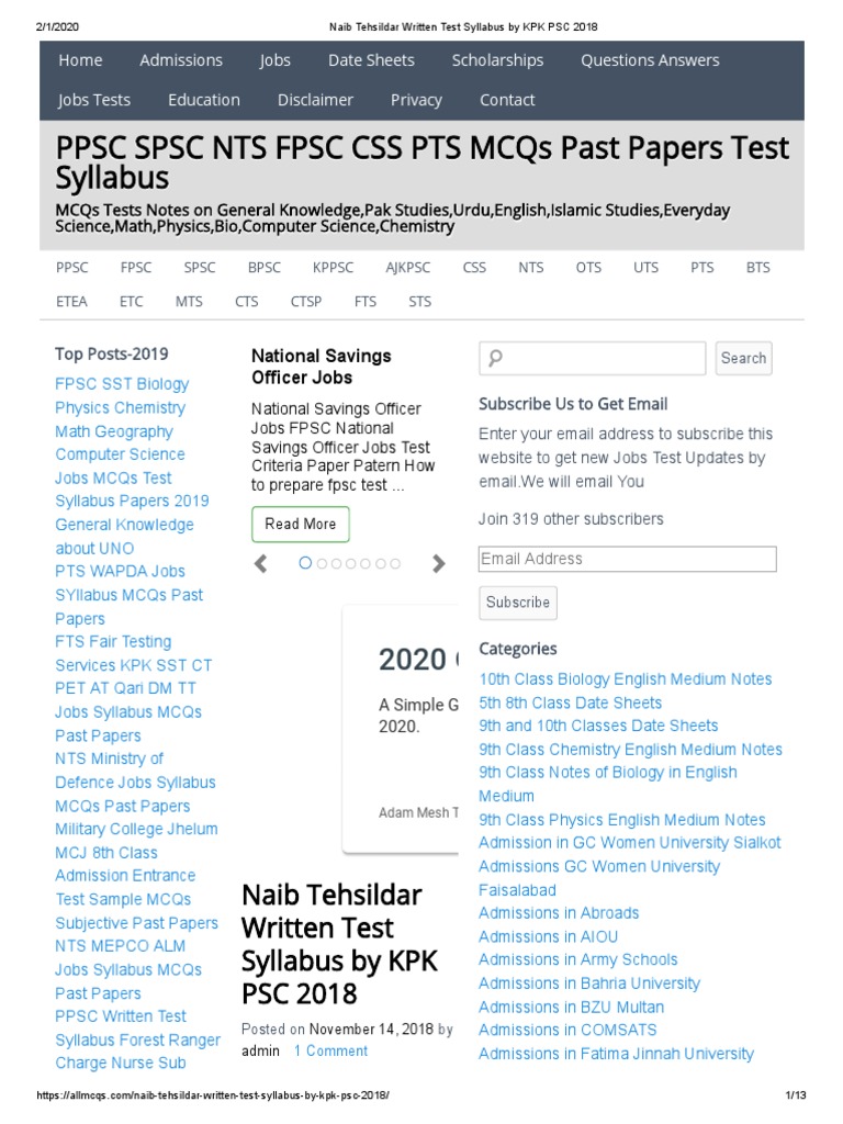 Naib Tehsildar Written Test Syllabus by KPK PSC 2018 | PDF