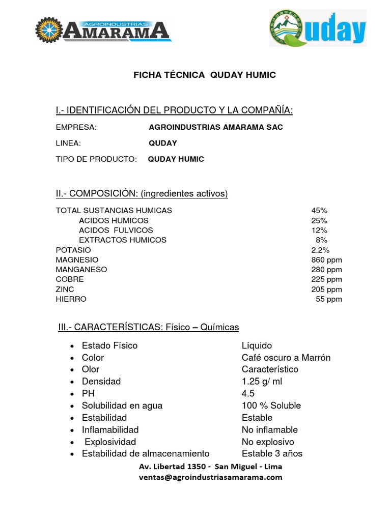 Ficha Técnica Quday Humic | PDF | Fertilizante | Sustancias químicas