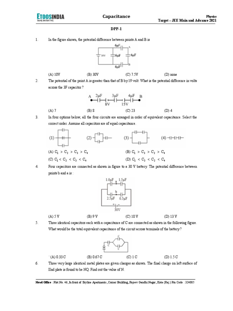DPP 1. JEE XII Capacitance PDF | PDF | Capacitance | Capacitor