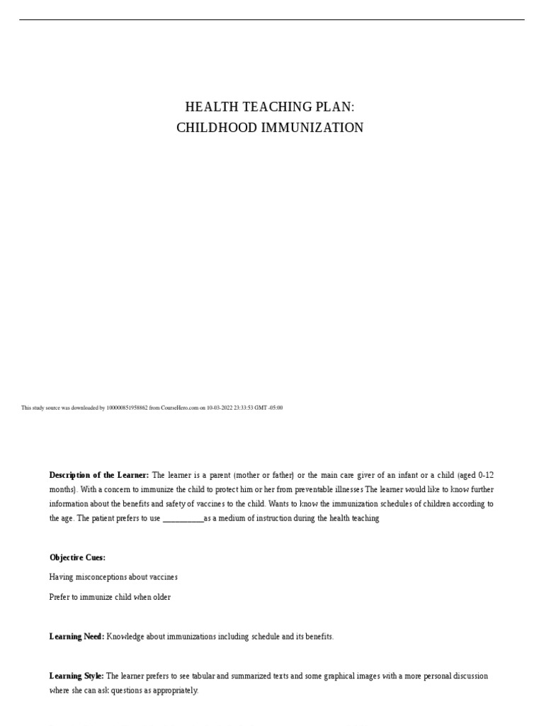 Immunization Teaching Plan | PDF | Self-Improvement