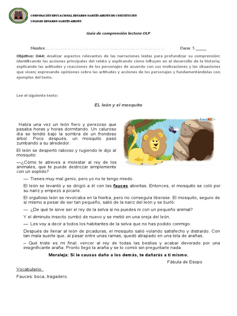 Comprensión Lectora Fábula de Esopo | PDF