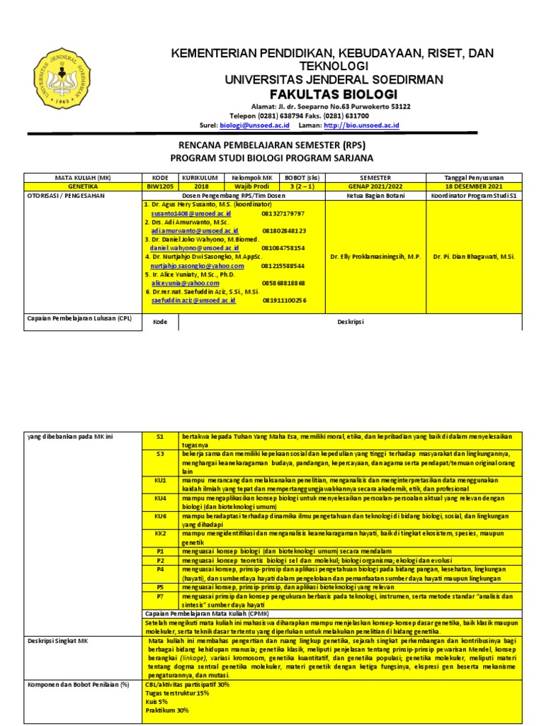 Rencana Pembelajaran Semester (RPS) Genetika Genap 2021-2022 | PDF