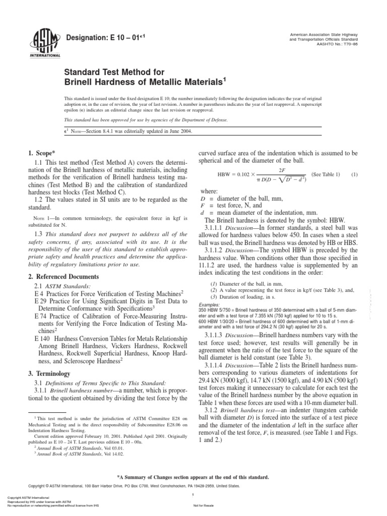 Astm e 10 | PDF | Hardness | Chemical Product Engineering