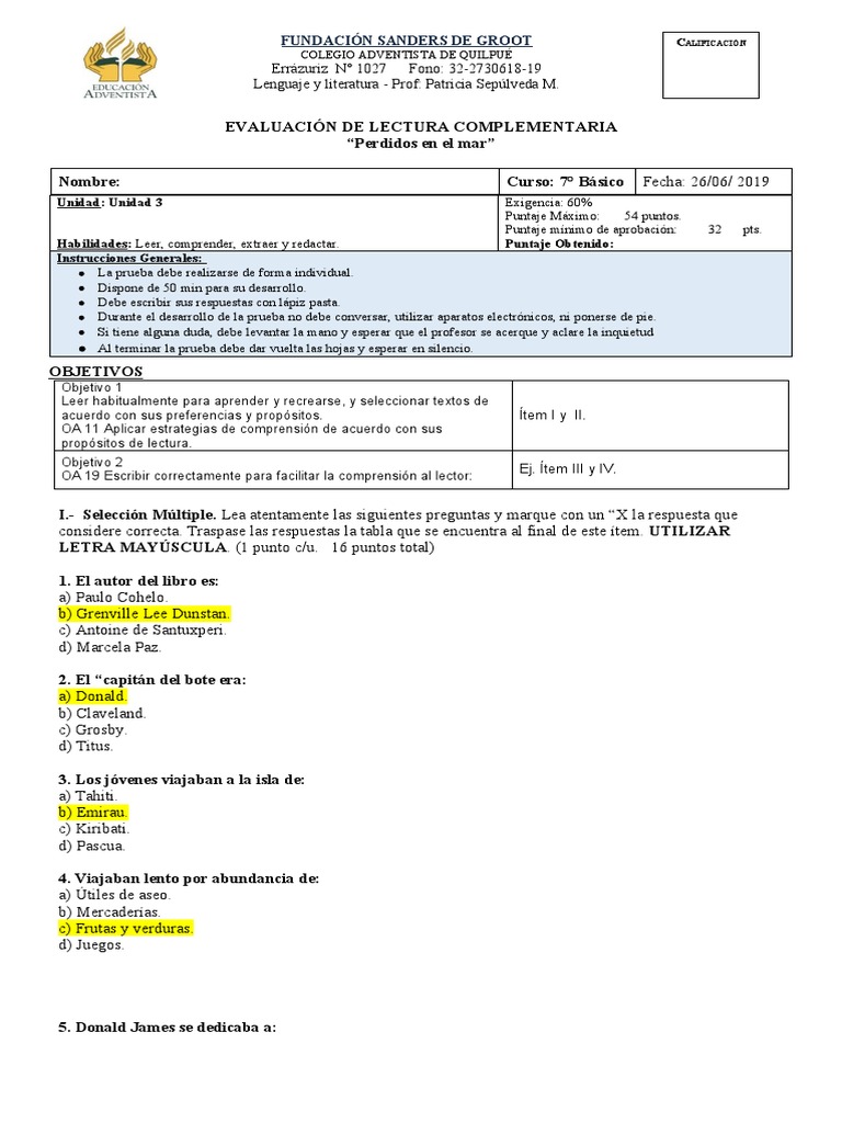 Evaluación de "Perdidos en el Mar" | PDF