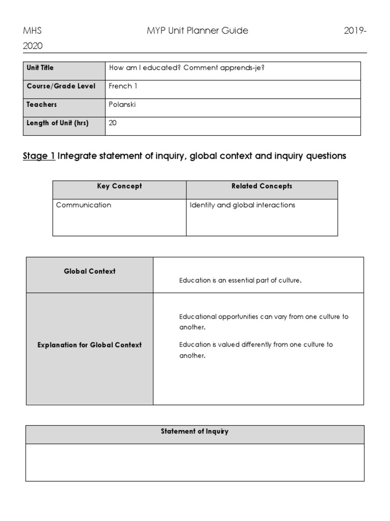 French 1 Unit Planner: Education & Culture | PDF | Educational ...