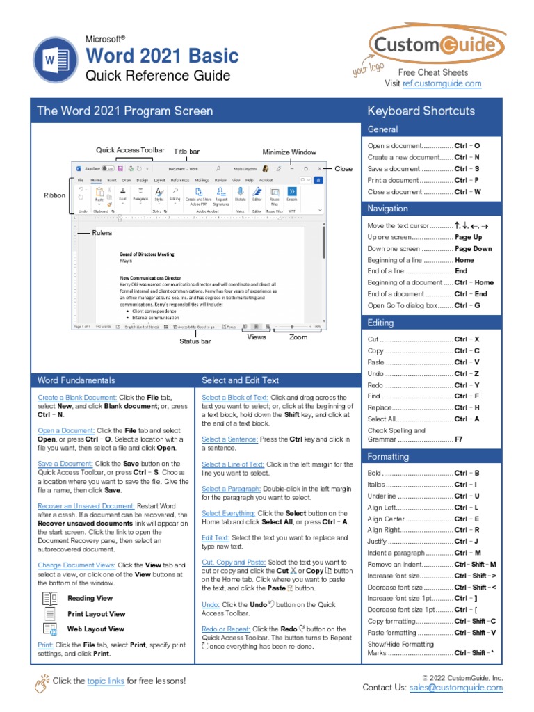 Word 2021 Basic Cheat Sheet | PDF