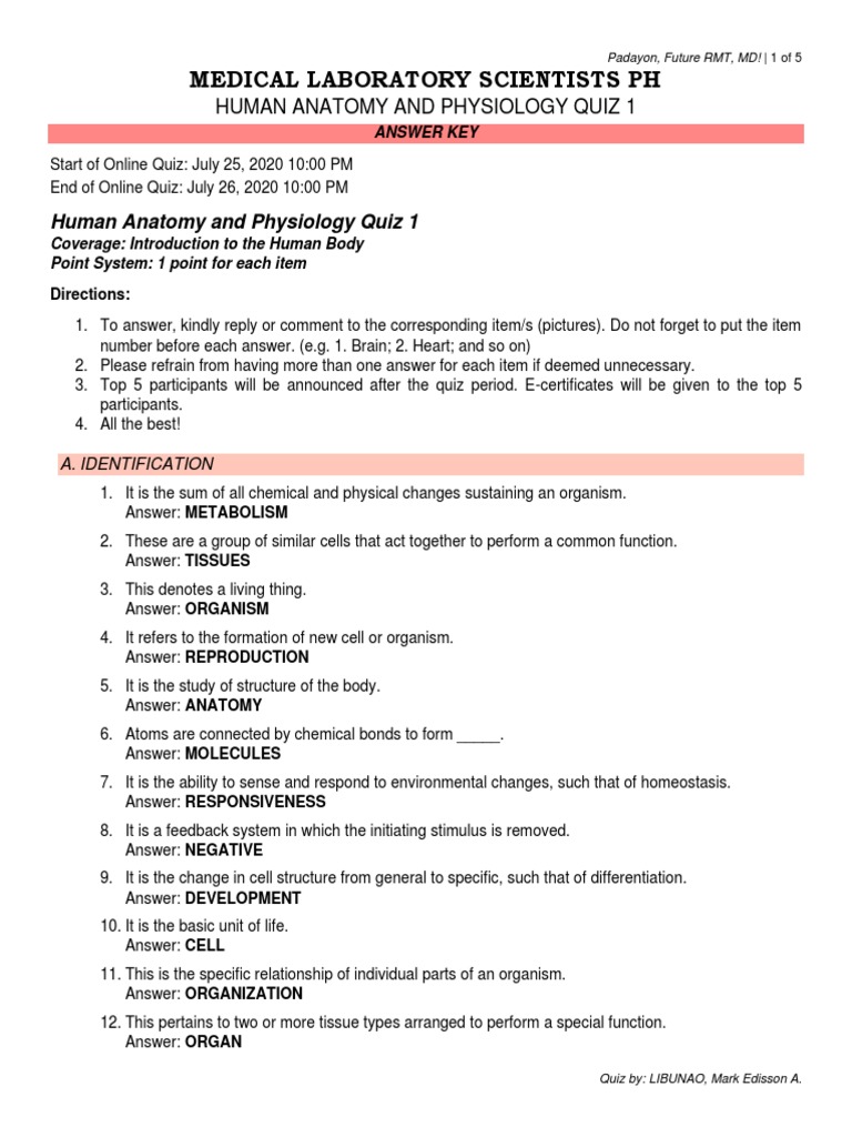 Anaphy Quiz 1 Answer Key Final PDF | PDF