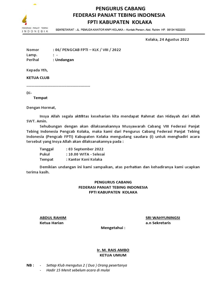 Undangan Musyawarah FPTI Kolaka 2022 | PDF