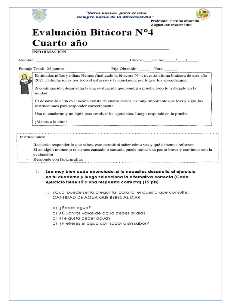 Evaluación cuarto año Bitácora N°4 Matemática | PDF