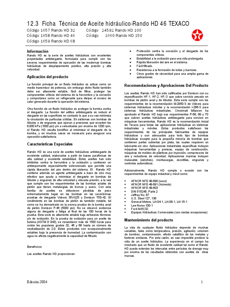 12.3 Aceite Hidráulico-Rando HD 46 TEXACO | PDF | Aceite de motor | Bomba