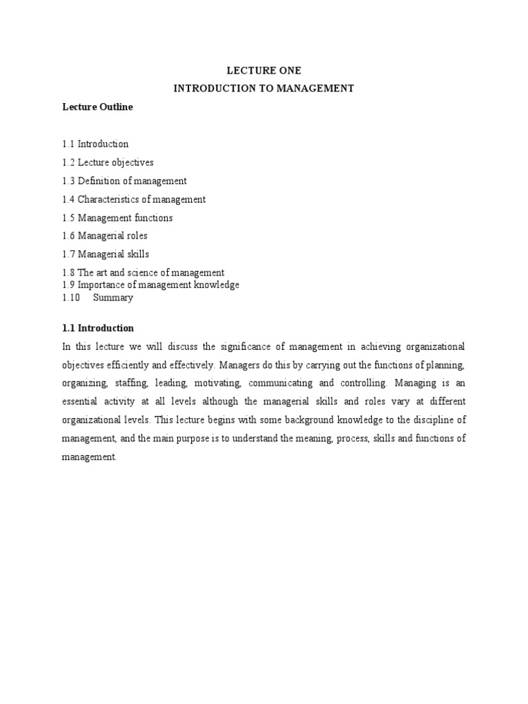 Lecture One Introduction To Management Summarised Notes Pdf Science Theory