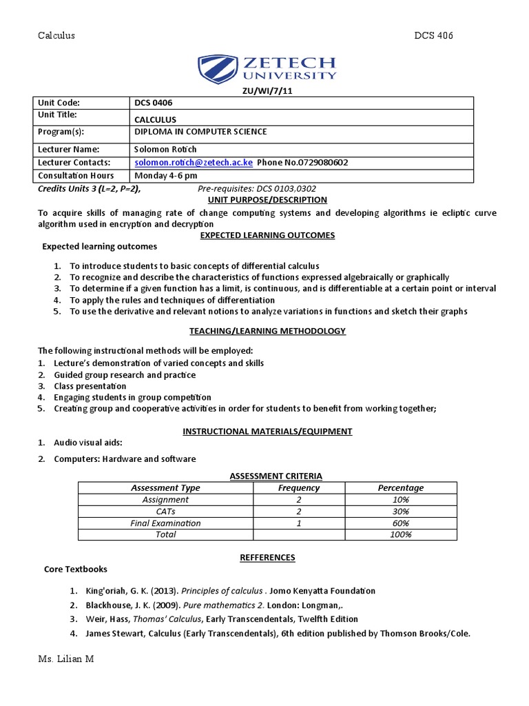 Calclus Maths Course Outline | PDF | Derivative | Calculus