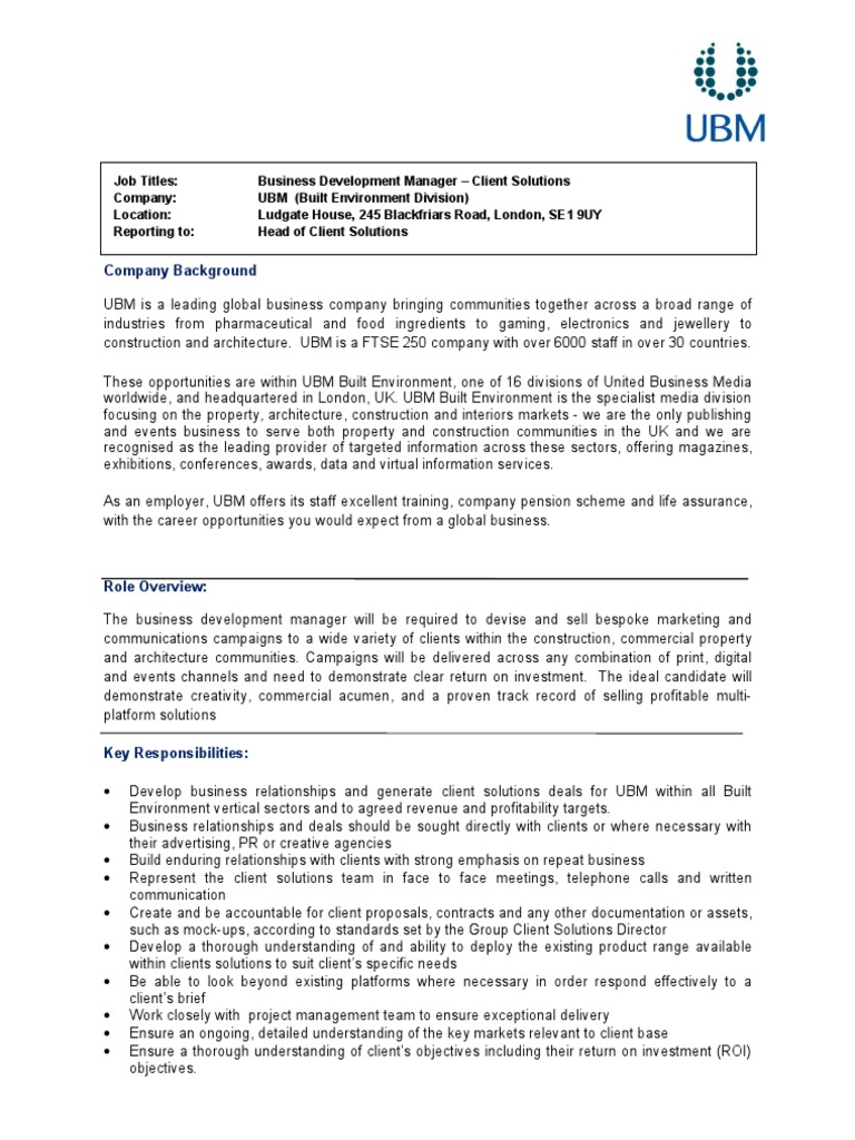 Business Development Manager UBM | PDF | Sales | Project Management