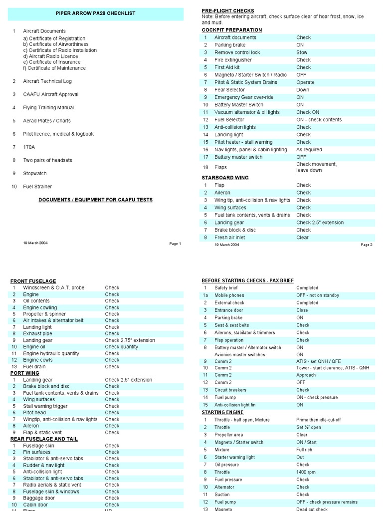 Checklist - Piper Arrow PA28 Full | PDF | Landing Gear | Flap (Aeronautics)