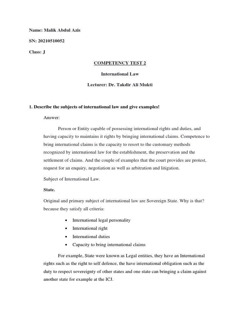 International Law Competence Test 2 | PDF | International Law | Treaty