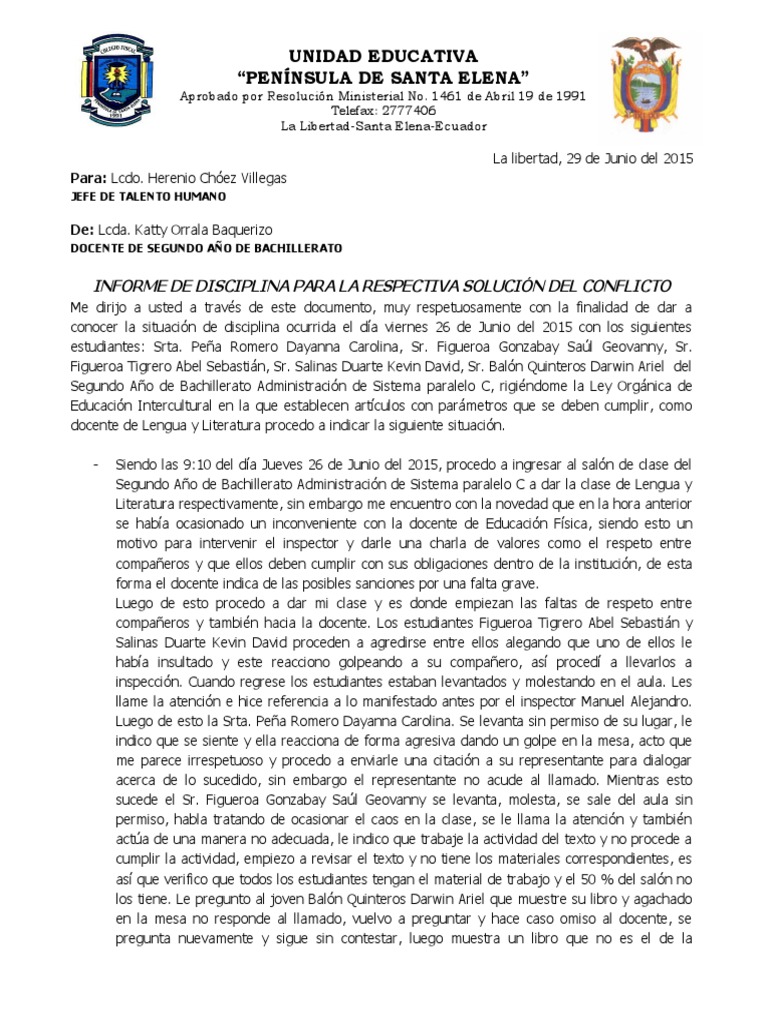 Informe de Disciplina Escolar 2015 | PDF | Relaciones personales ...