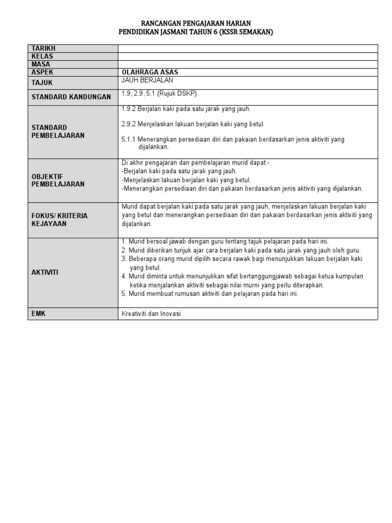 RPH PJ Tahun 6 | PDF