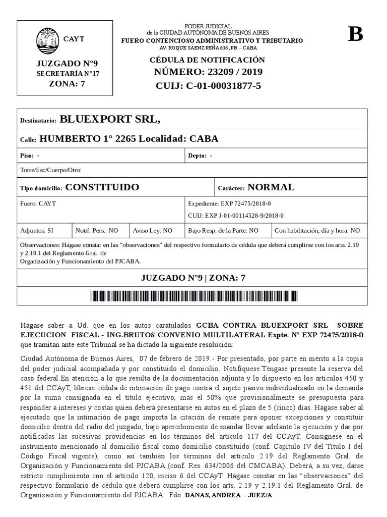 Cedula Notificacion 2019 Jueza Danas Andrea | PDF | Gobierno | Justicia