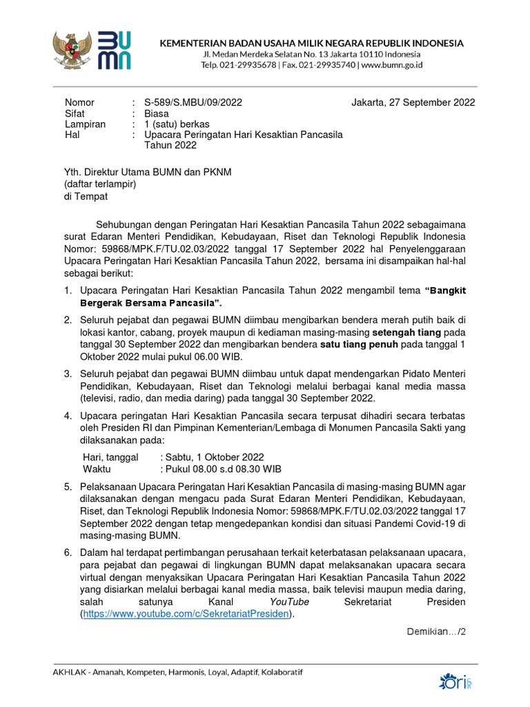 Surat BUMN-Upacara Peringatan Hari Kesaktian Pancasila 2022 | PDF