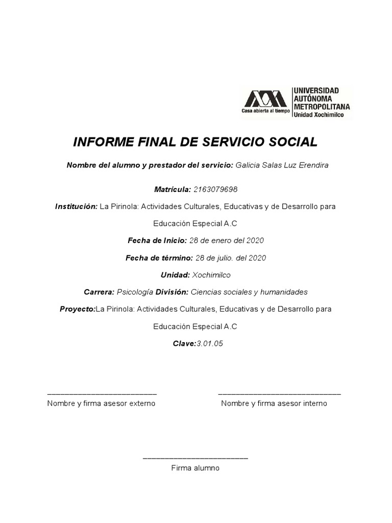Informe Final de Servicio Social | PDF | Educación especial | Sicología Informe Final de Servicio Social | PDF | Educación especial | Sicología