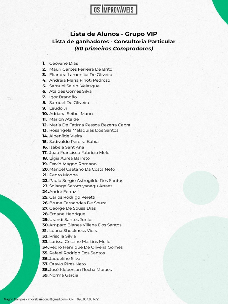 Lista de Alunos - Grupo VIP - 50 Primeiros | PDF