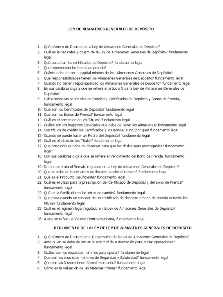 Cuestionario Sobre La Ley de Almacenes Generales de Depósito | PDF