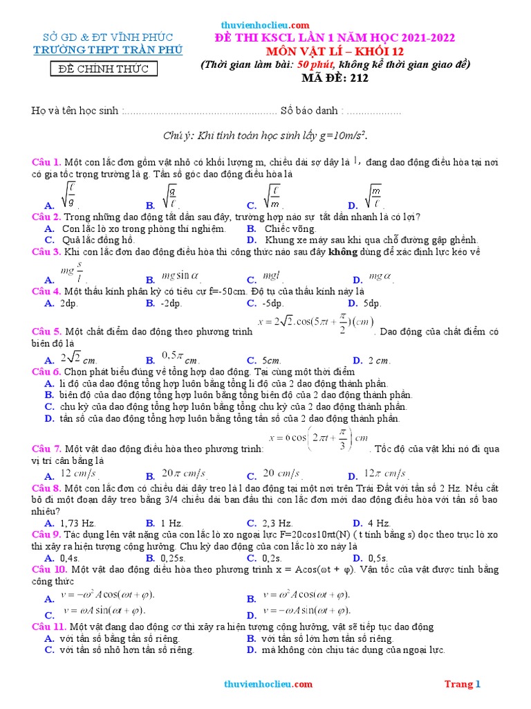 De Thi Thu TNTHPT 2022 Mon Ly Tran Phu Lan 1 Co Dap An | PDF