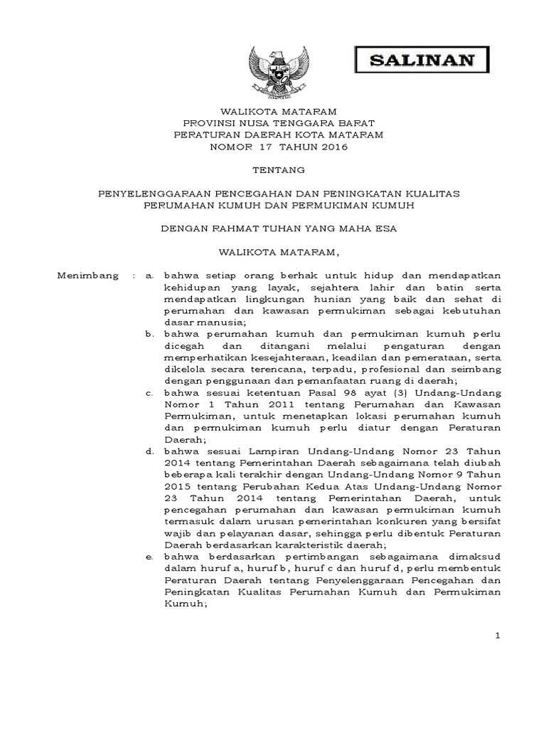 PERDA Nomor 17 Tahun 2016 Tentang PENCEGAHAN & PENINGKATAN KUALITAS ...